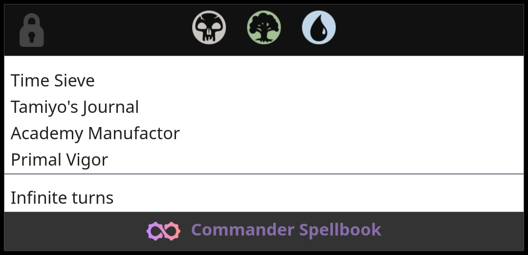 Time Sieve | Tamiyo's Journal | Academy Manufactor (and one other card)