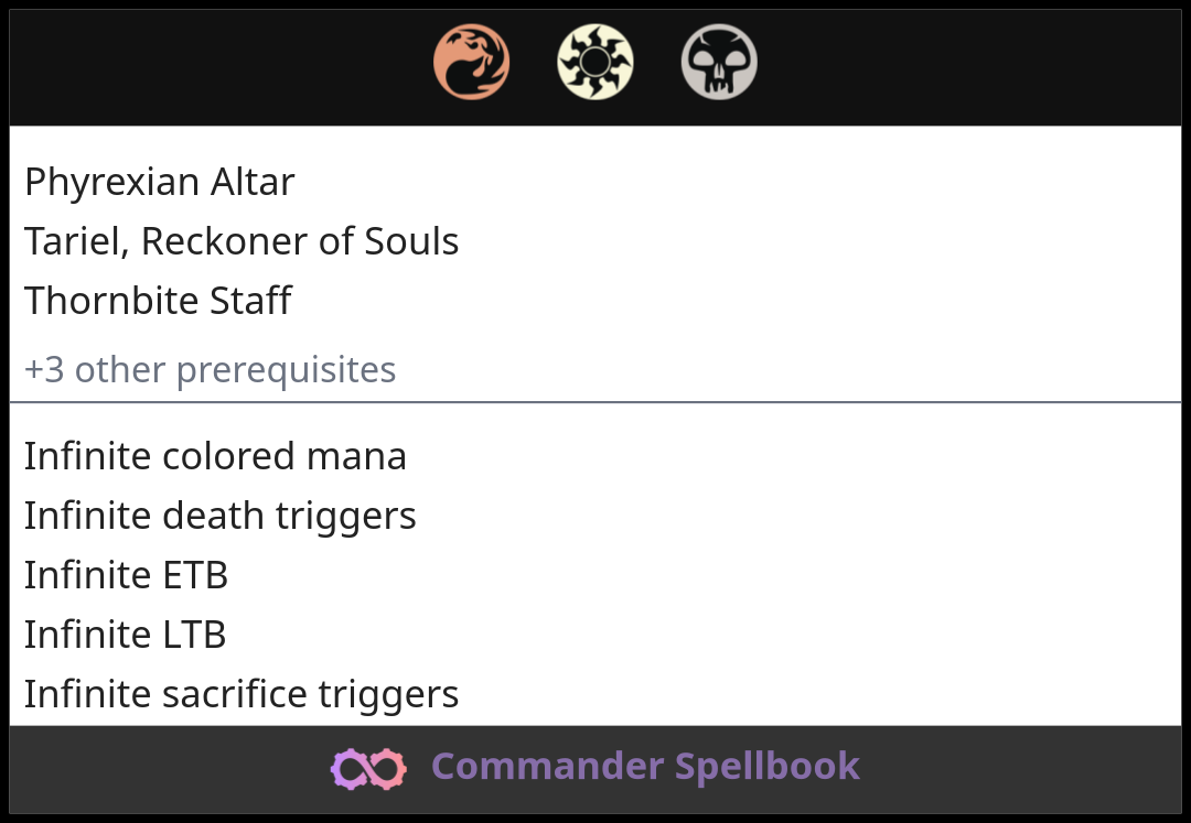 Phyrexian Altar | Tariel, Reckoner of Souls | Thornbite Staff