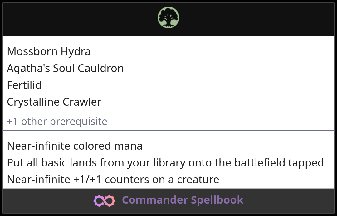 Mossborn Hydra | Agatha's Soul Cauldron | Fertilid (and one other card)
