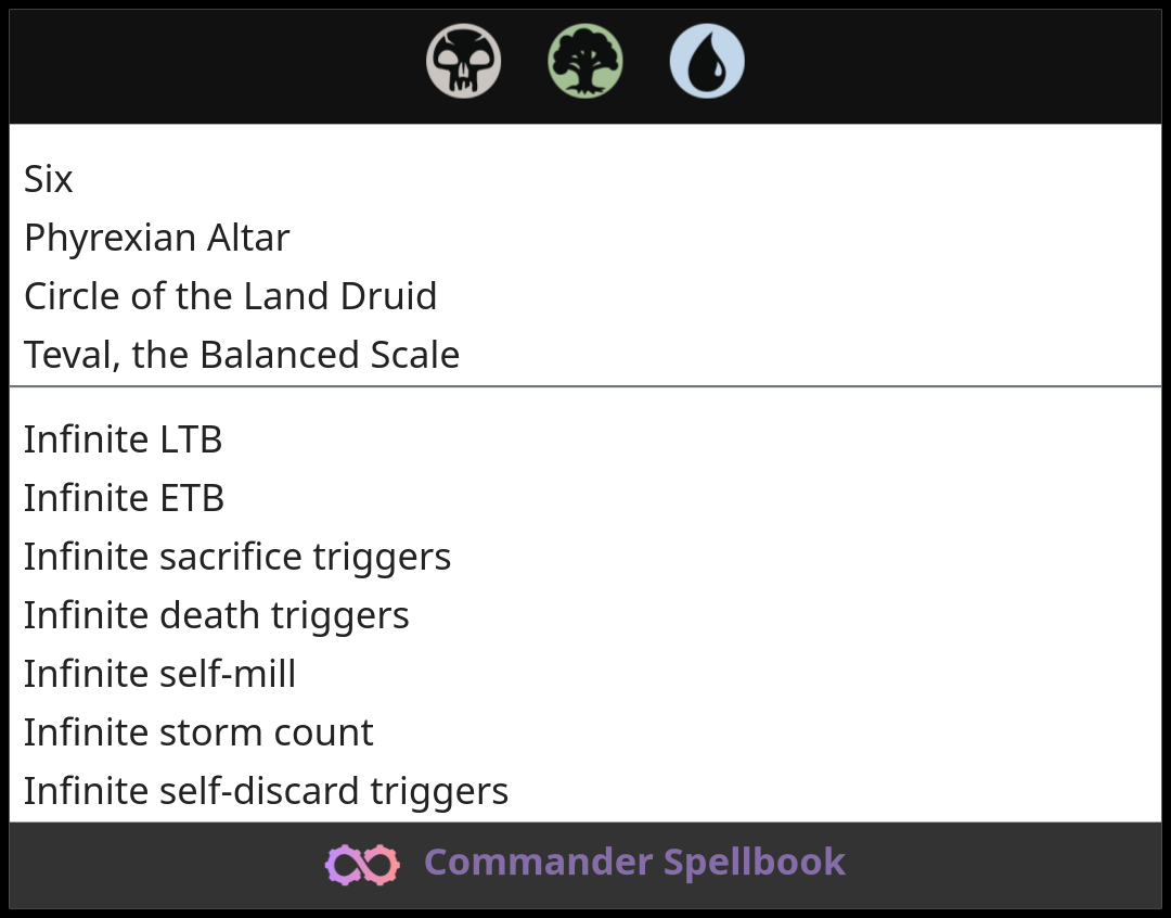 Six | Phyrexian Altar | Circle of the Land Druid (and one other card)