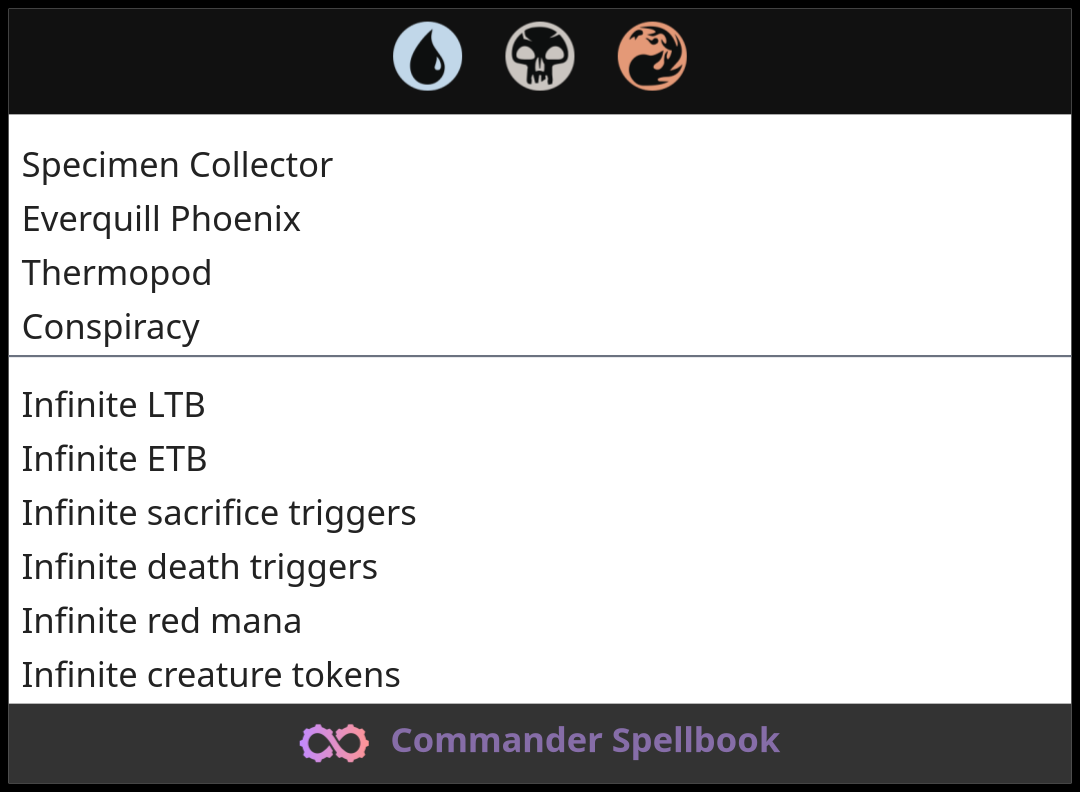 Specimen Collector | Everquill Phoenix | Thermopod (and one other card)