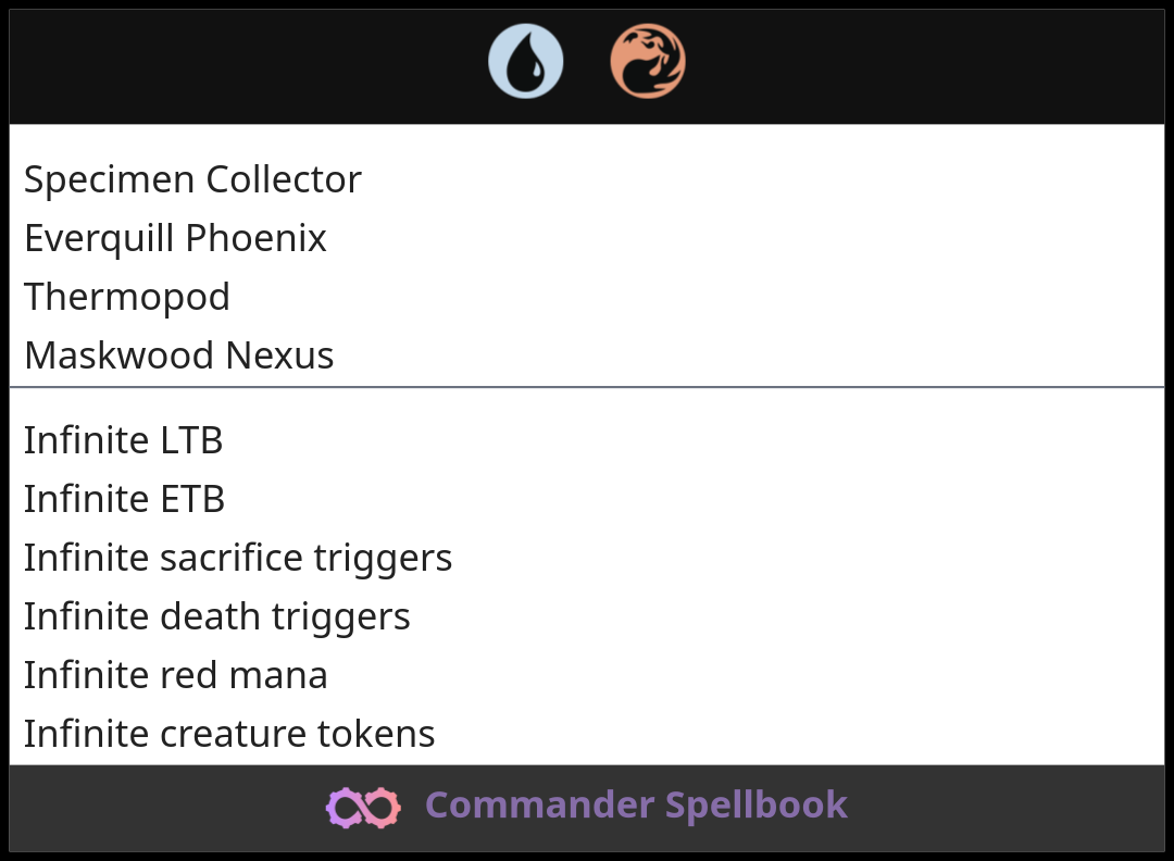 Specimen Collector | Everquill Phoenix | Thermopod (and one other card)