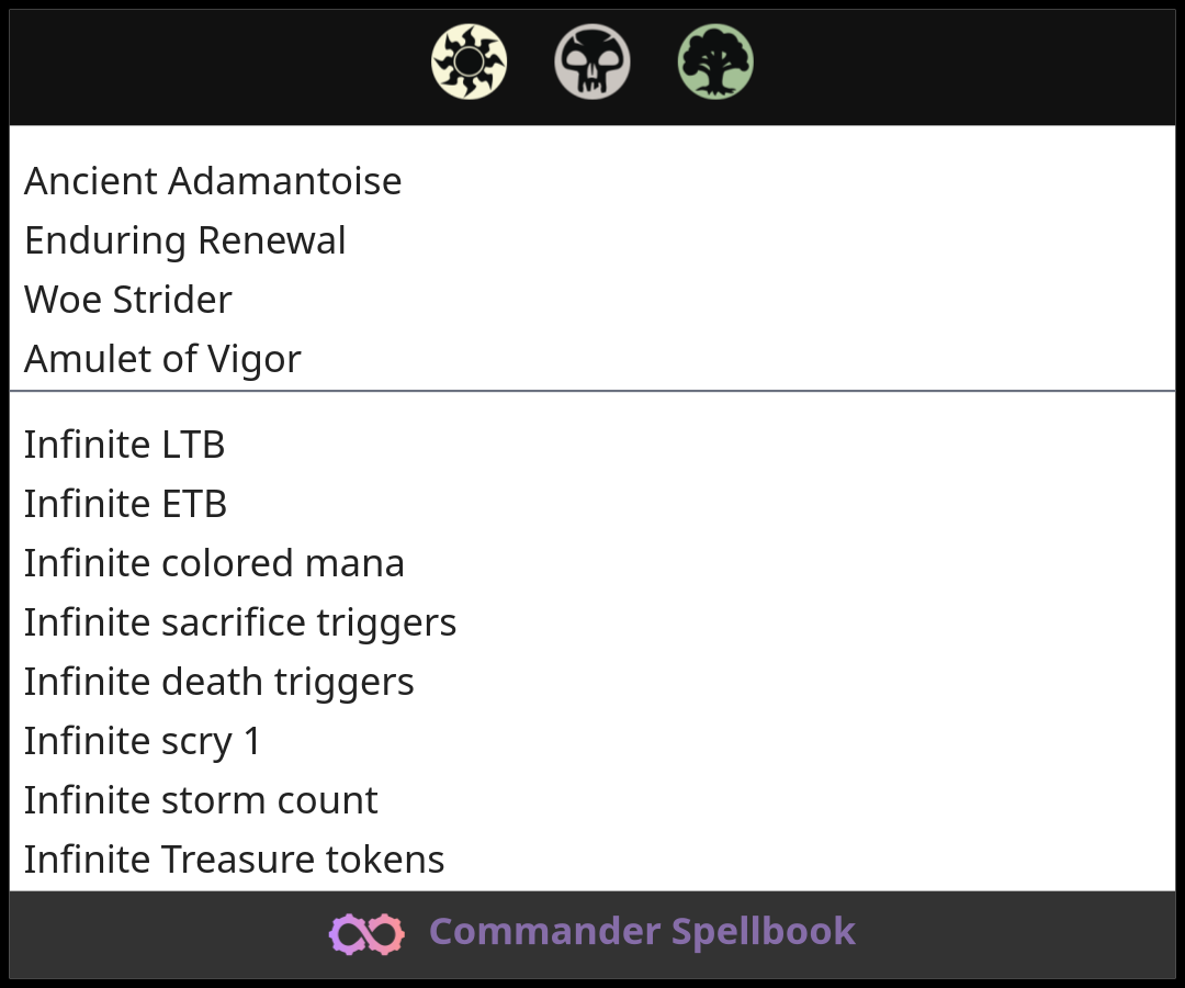 Ancient Adamantoise | Enduring Renewal | Woe Strider (and one other card)