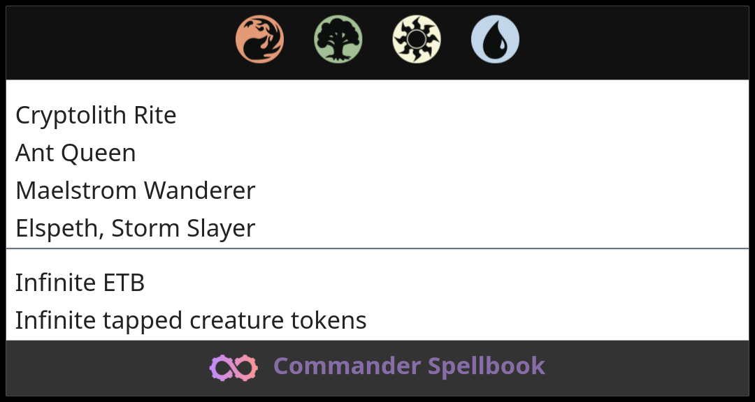 Cryptolith Rite | Ant Queen | Elspeth, Storm Slayer (and one other card)